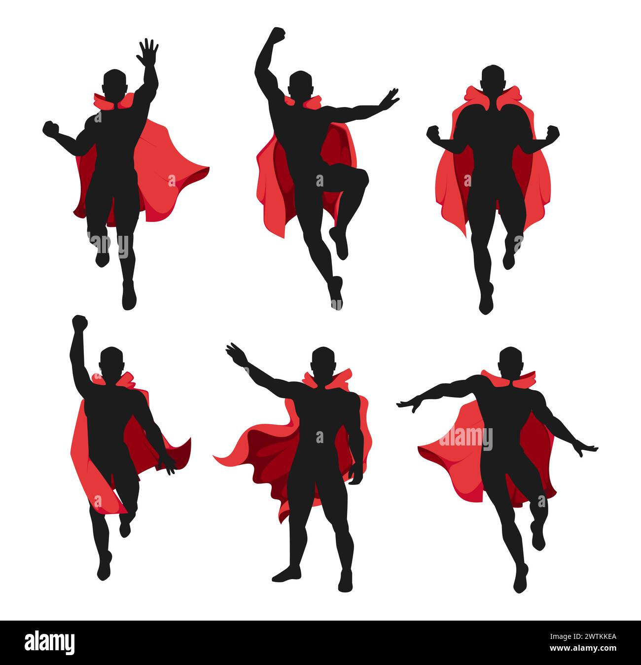 Superhero man in red cloak. Cartoon muscular male characters in ...