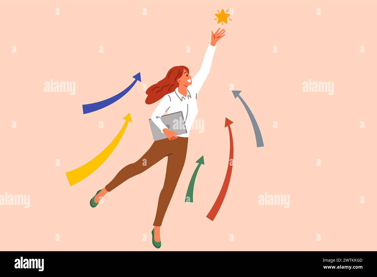 Ambitious woman strives for business progress, grabbing star from sky ...