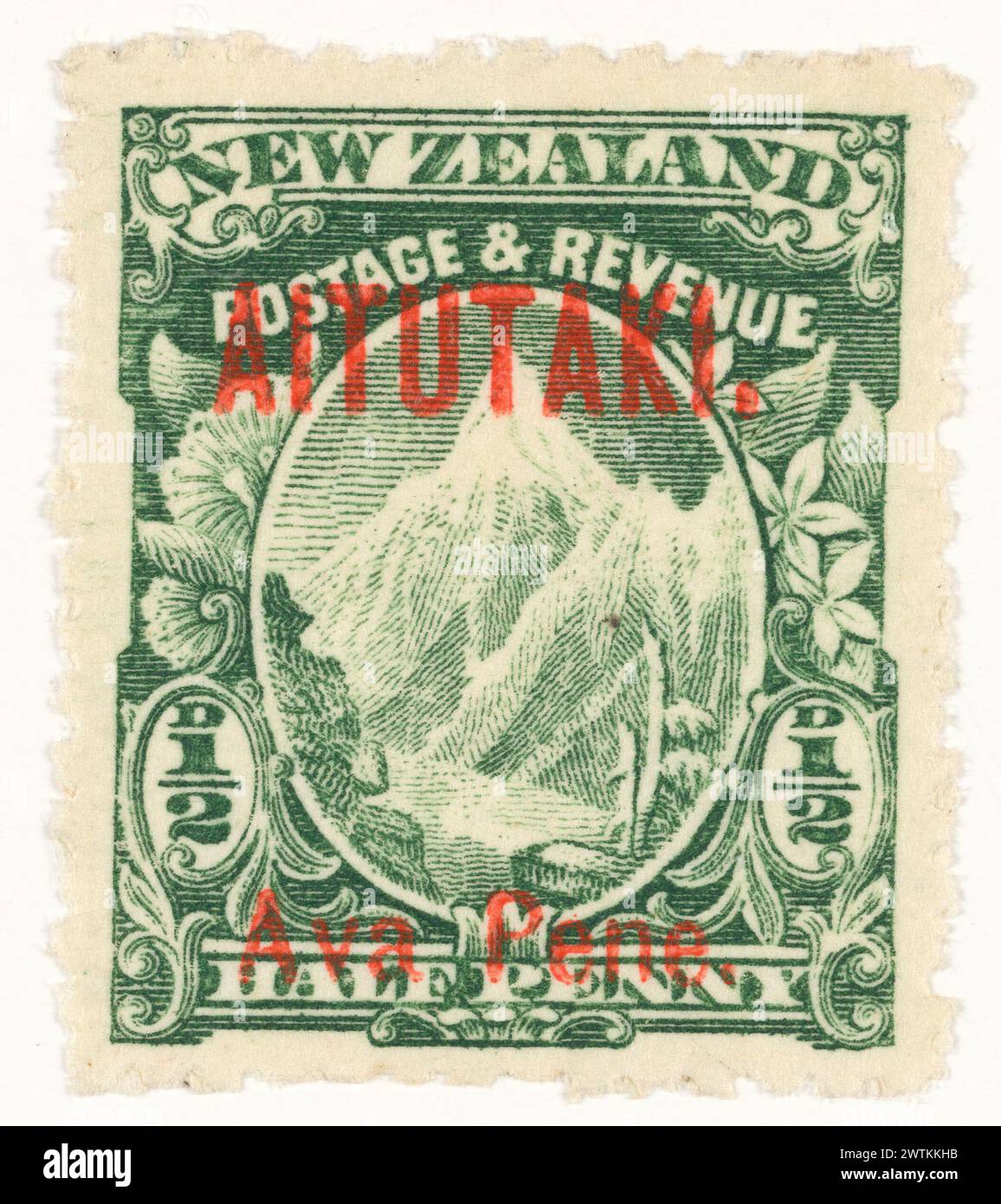 Issued Half penny 'Mount Cook' stamp in green overprinted with ...