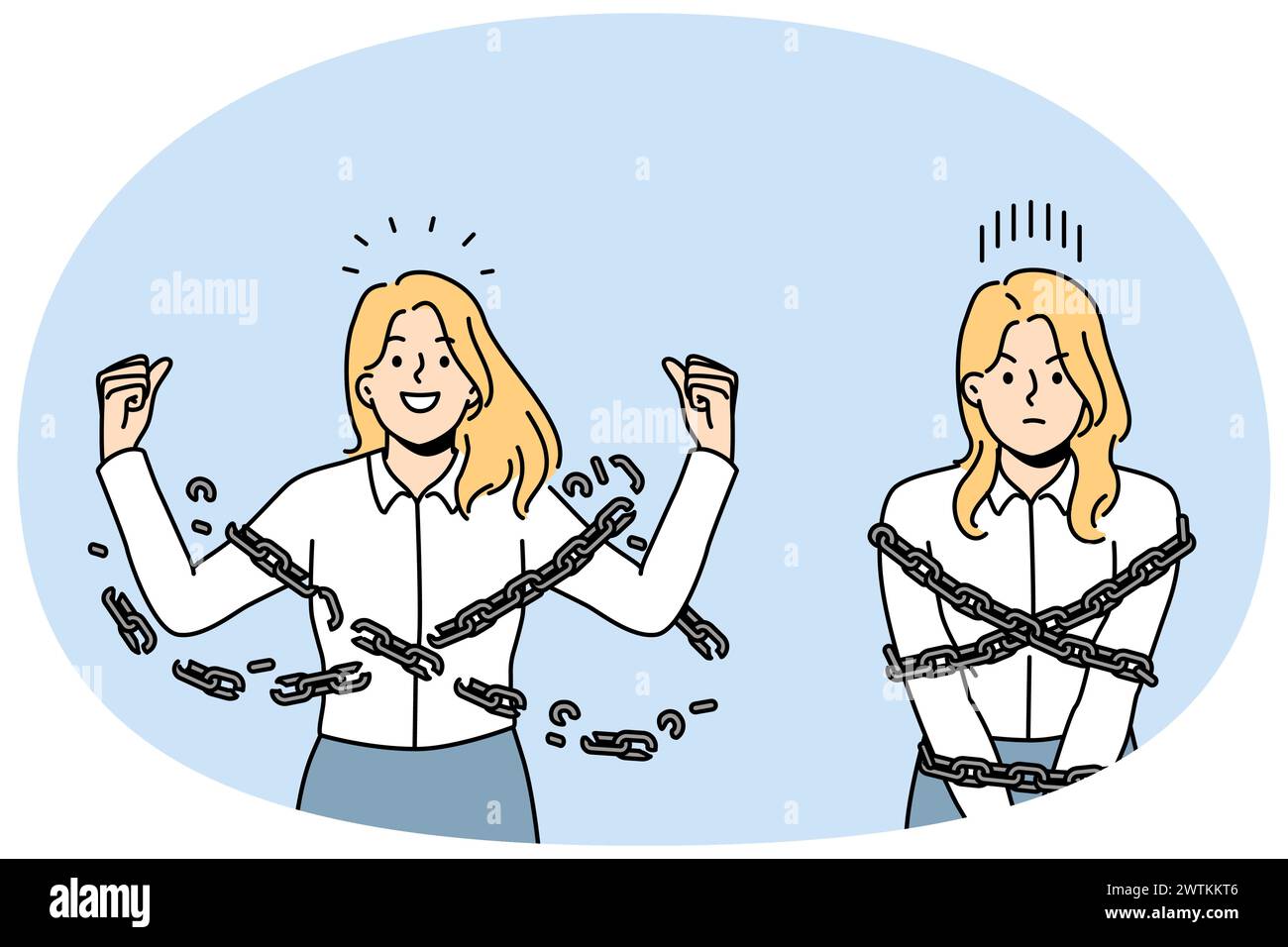 Smiling confident businesswoman break chain free from work slavery ... Smiling confident businesswoman break chain free from work slavery ...