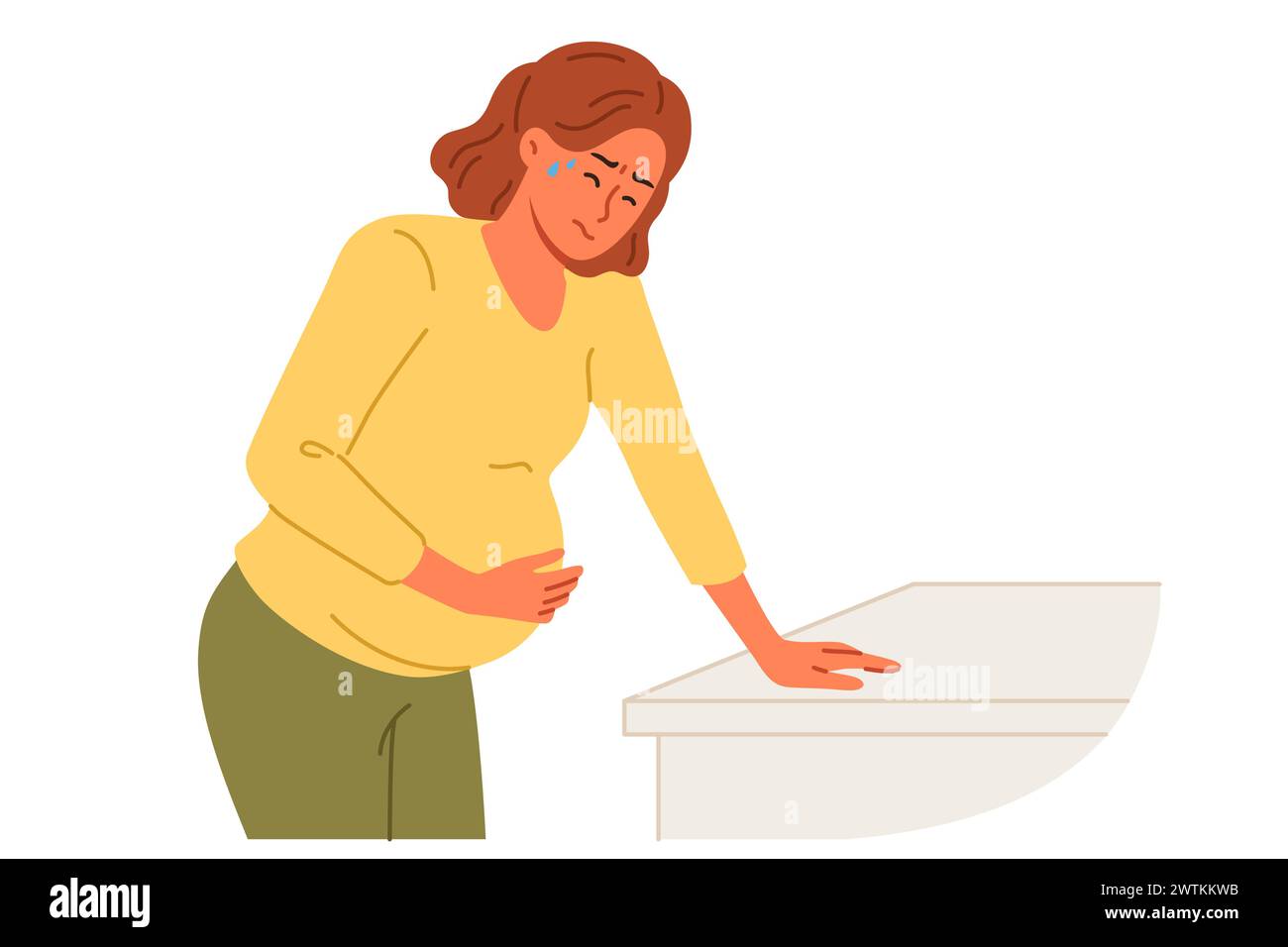 Pregnant woman holds stomach, for concept complications caused by fetal development disorders ...