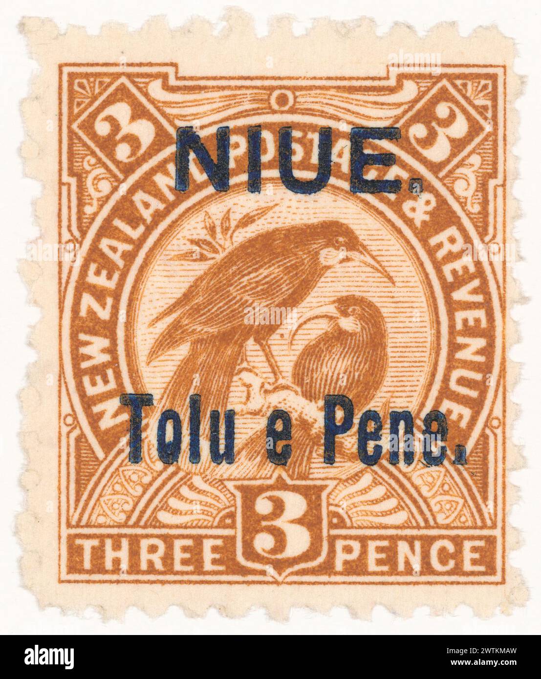Issued three penny 'Sacred Huia Birds' stamp overprinted with 'NIUE ...