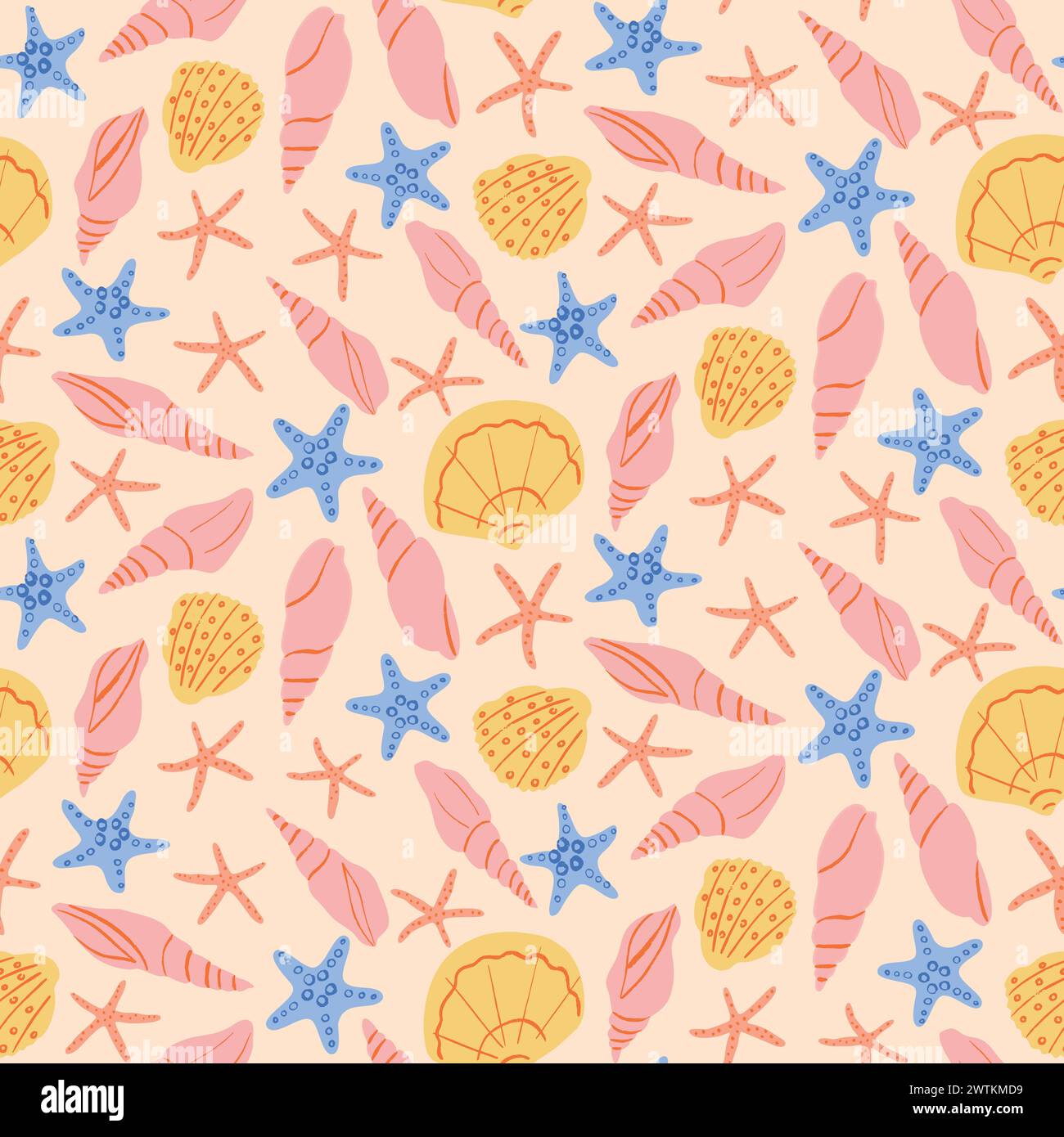 Sea clams, sea shells and starfish seamless pattern on pink background ...