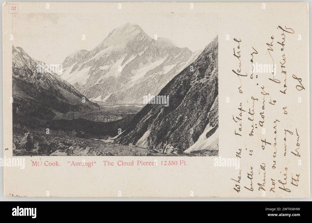 Mount Cook, Aorangi, The Cloud Piercer 12,350 feet postcards Stock ...