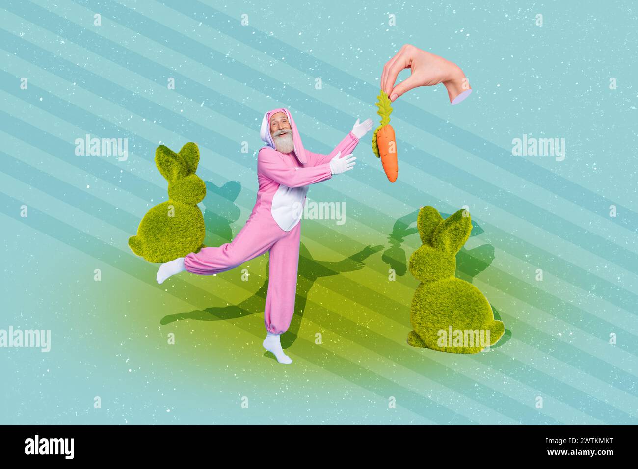 Composite collage image of funny old man pink rabbit costume hand hold ...