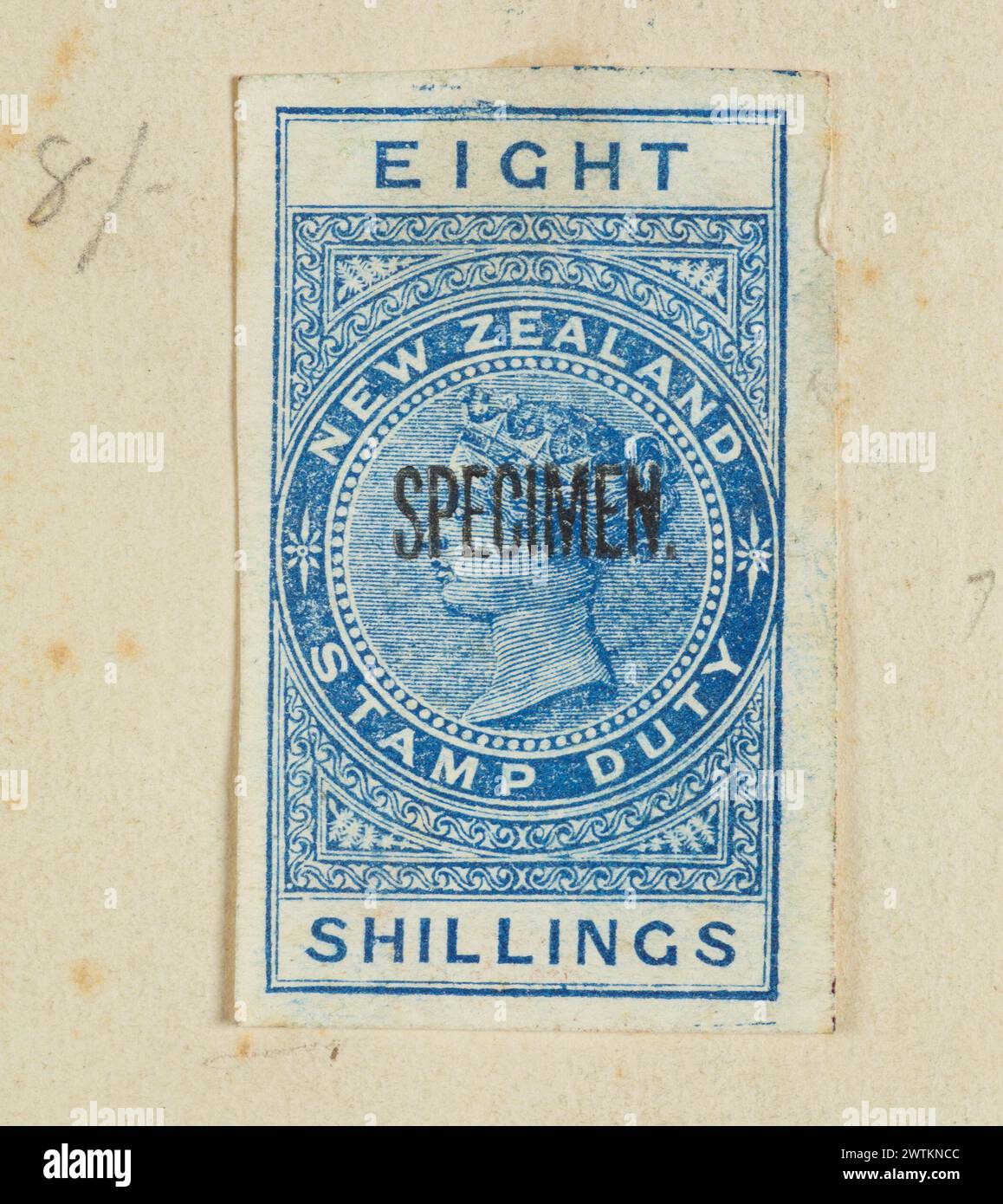 Eight shillings Queen Victoria Duty stamp, overprinted Specimen tax ...