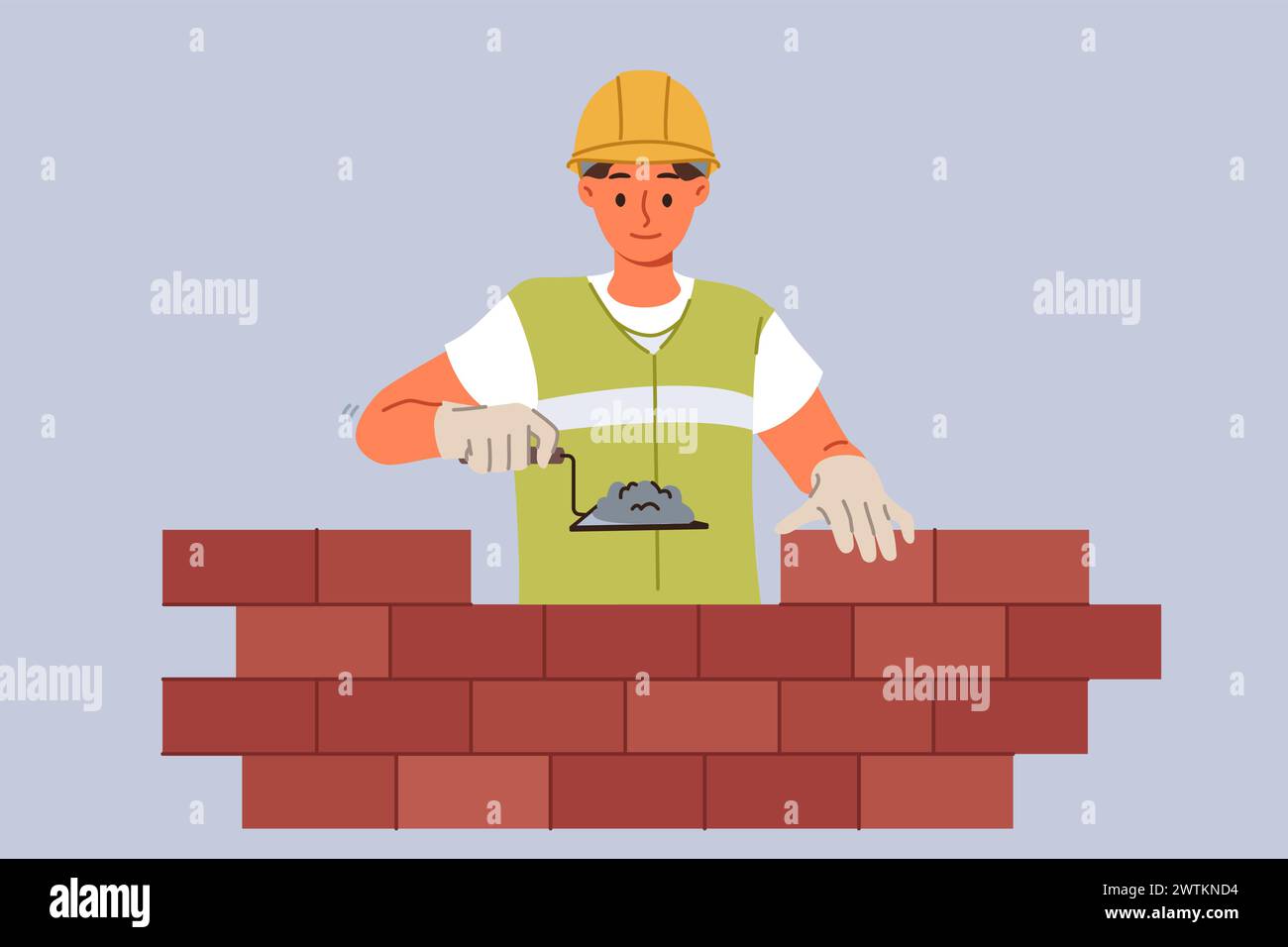 Man bricklayer builder builds brick wall using trowel with concrete ...