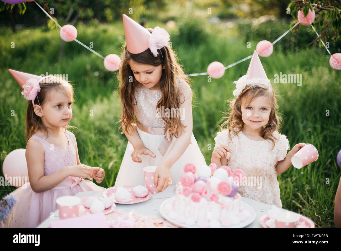 Summer outdoor kids birthday party. Group of happy Children celebrating ...