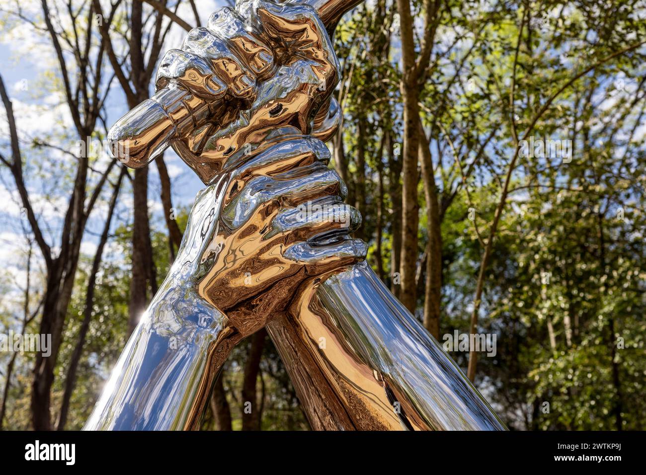 "Strike," by Hank Willis Thomas, stainless steel, 2018, is seen during ...