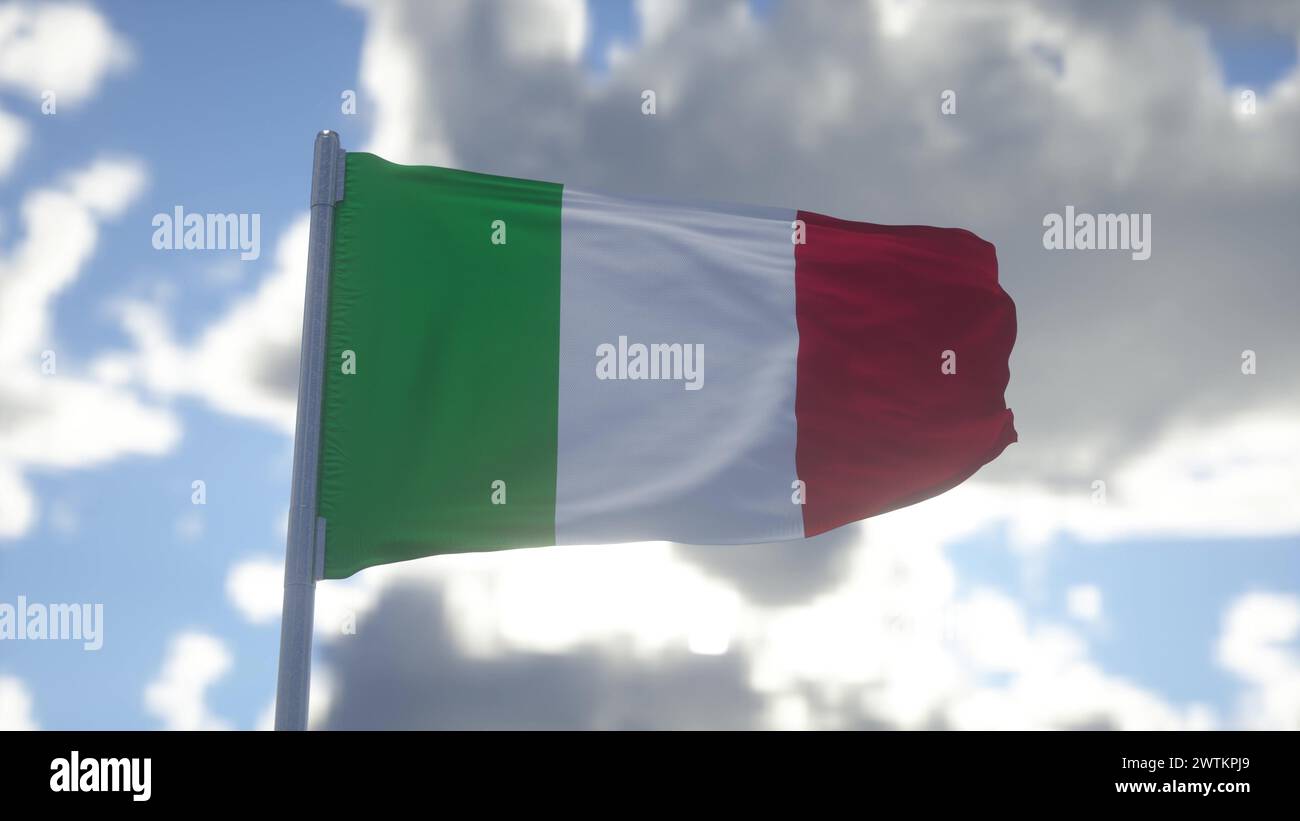Realistic flag of Italy waving in the wind against deep blue sky. 3d ...