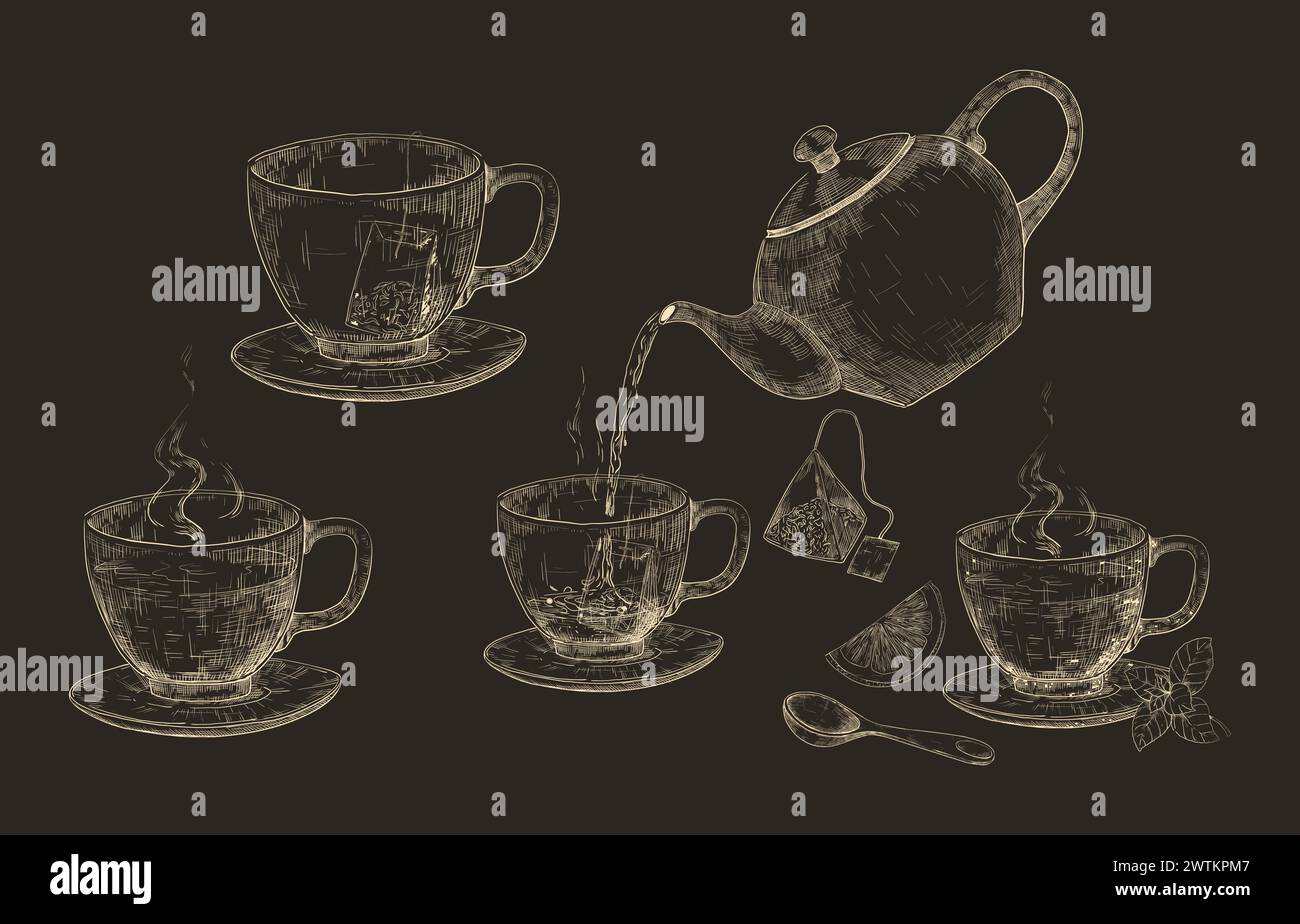 Hand drawn tea utensil. Porcelain mug on plate, leaves and pyramid ...