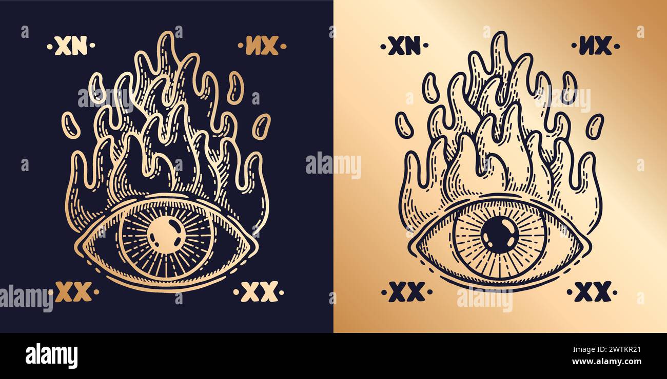 Fire eye. Tarot hell card. Vintage gold magic gypsy tattoo. Mystic ...