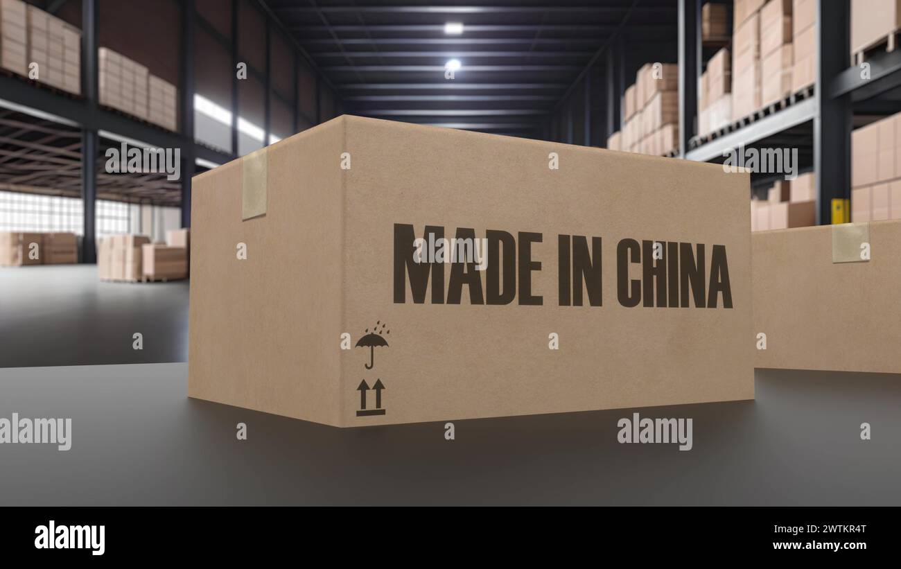 Boxes with MADE IN CHINA text on conveyor. Chinese goods related. 3d ...