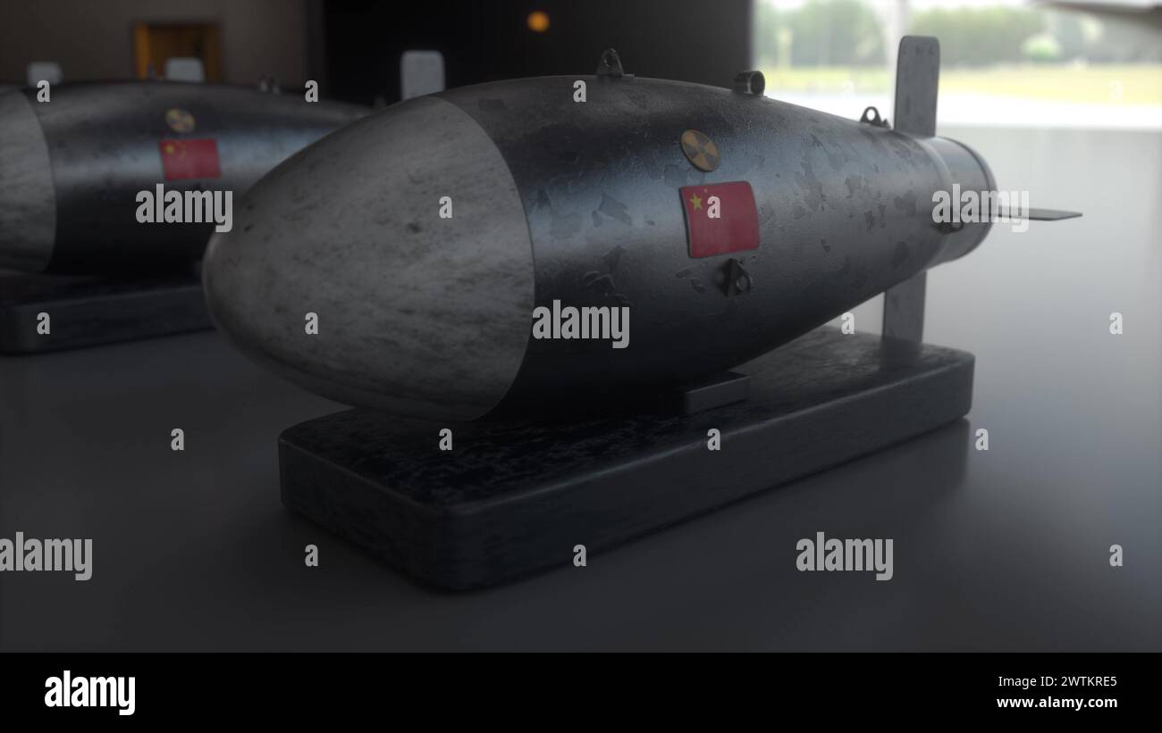 Nuclear Missile with flag of China. Weapons of mass destruction. Nuclear, chemical weapons ...