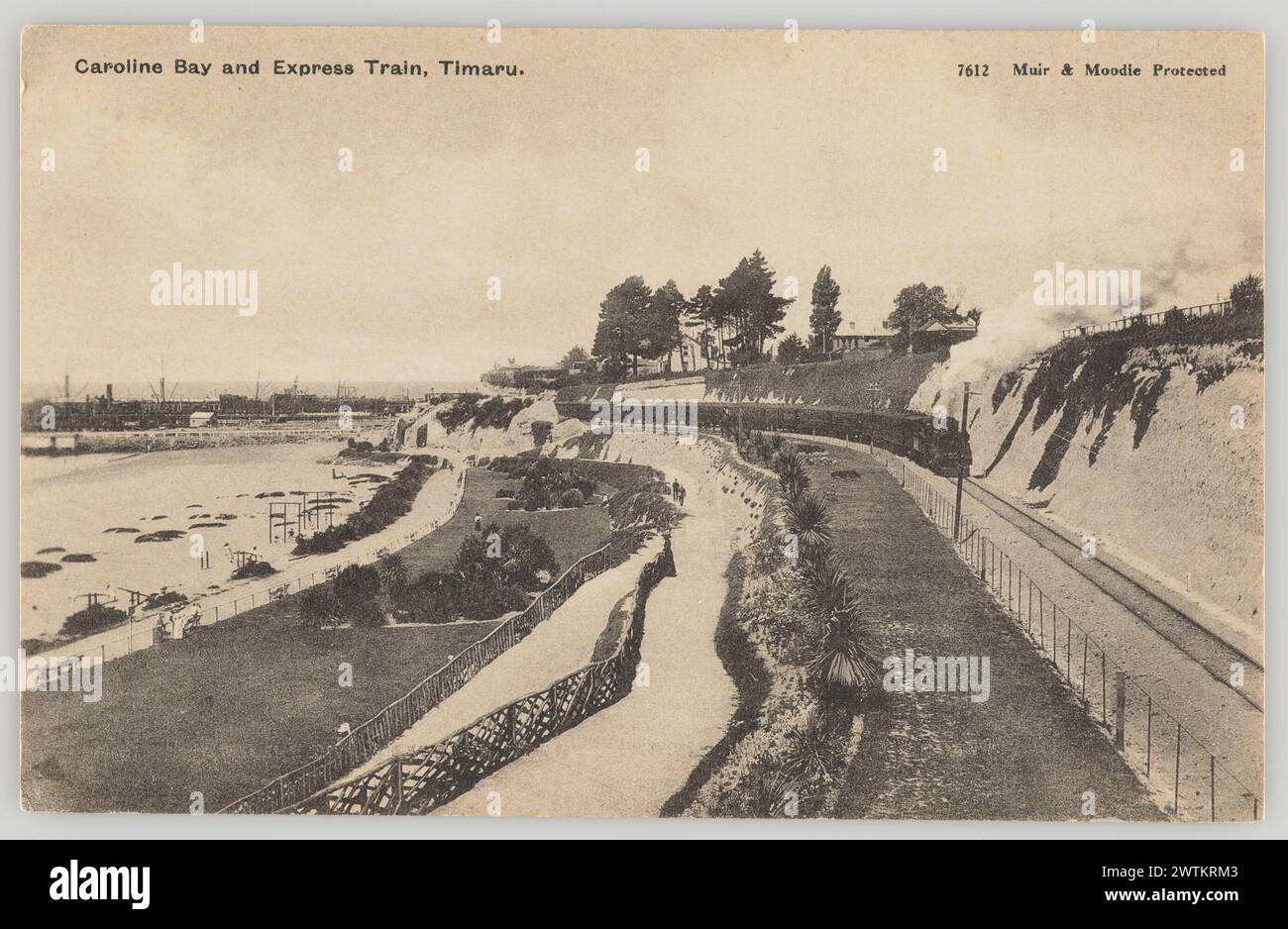 Caroline Bay and Express Train, Timaru photographic postcards Stock ...