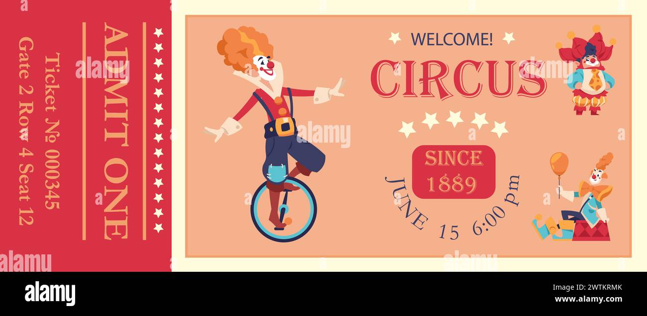 circus ticket template. Clowns and cartoon jokers and jesters comedians ...