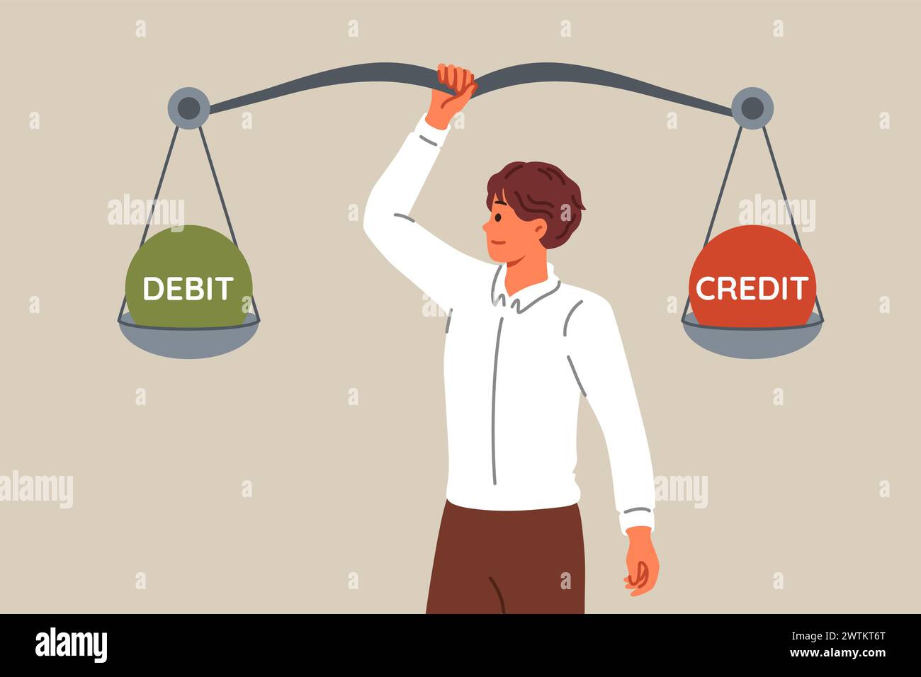 Man accountant compares debits and credits using giant scale to balance ...