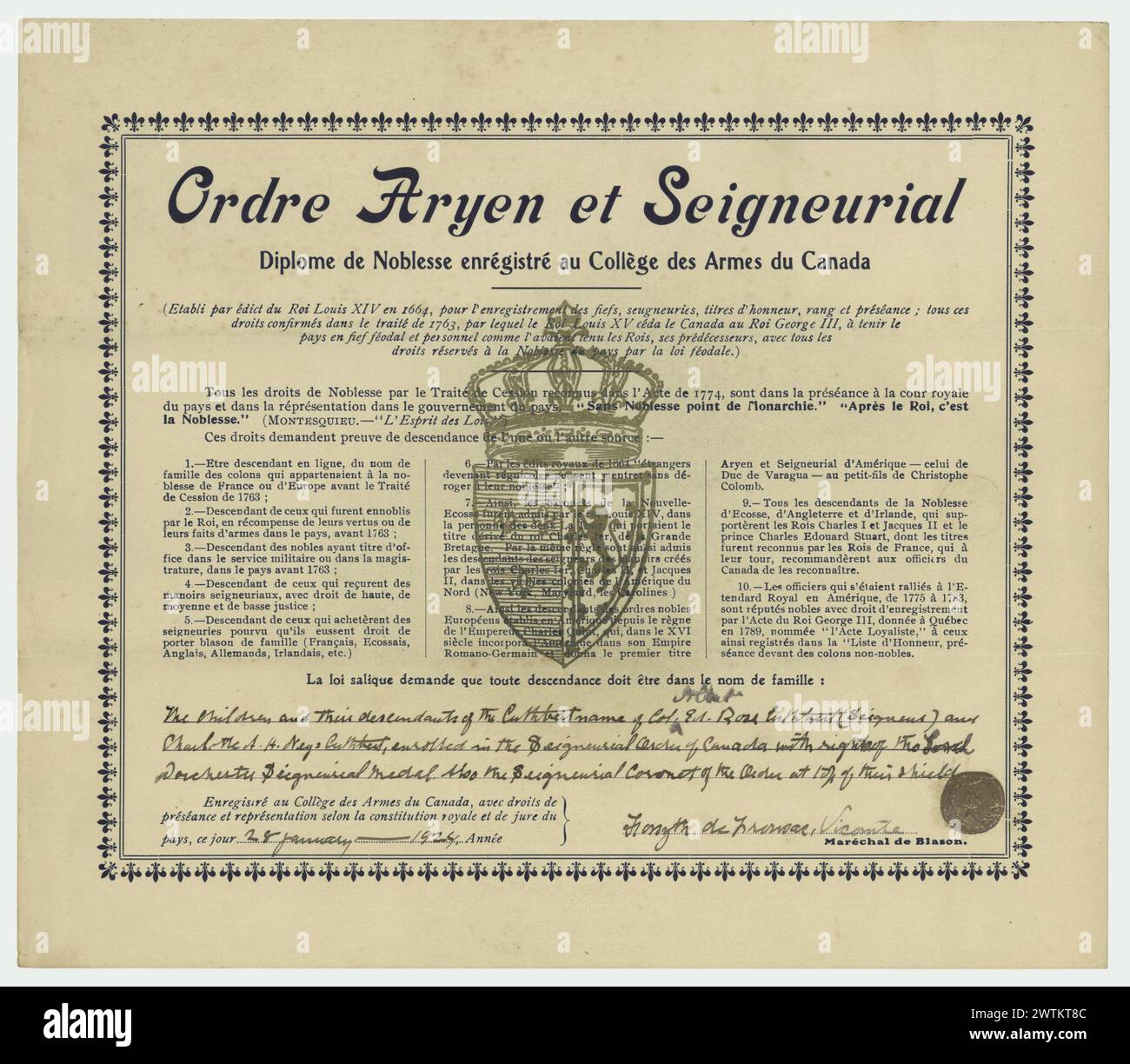 Certificate - Ordre Aryen et Seigneurial. Diplôme de noblesse ...