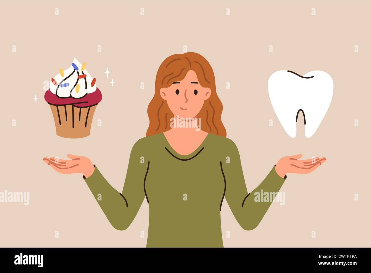 Woman calls to think about problem caries caused by eating sweet foods ...