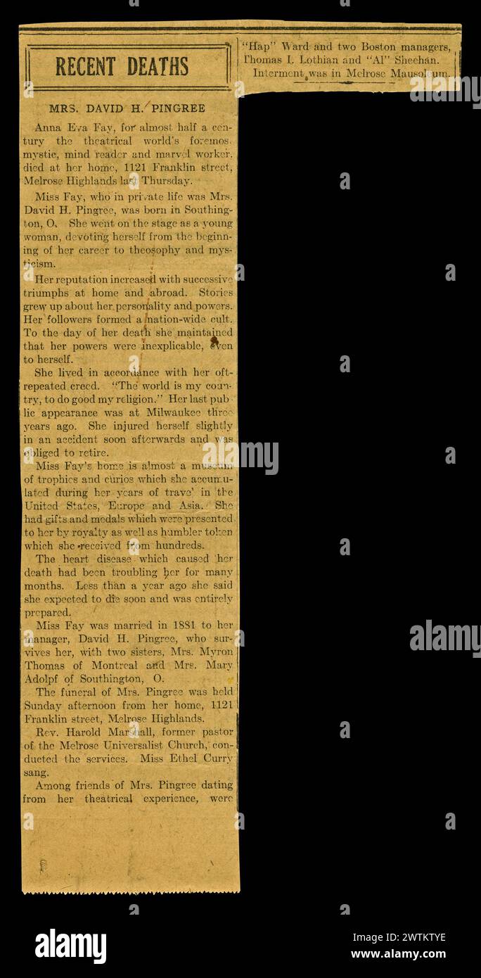 Newspaper clipping - Death of Mrs. David H. Pingree Stock Photo - Alamy