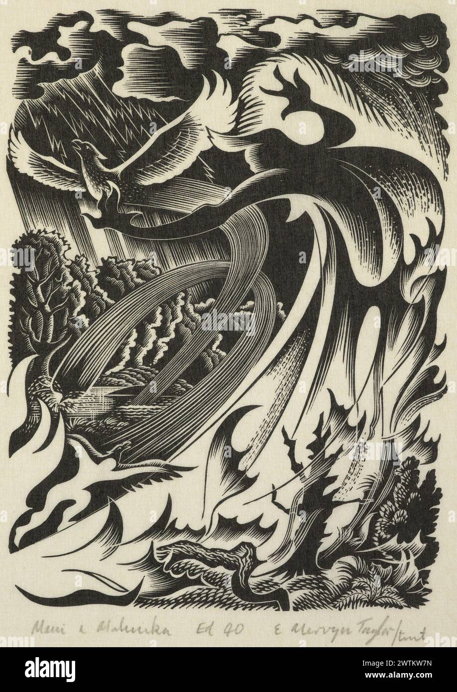 Maui and Mahuika prints, wood engravings, works on paper Stock Photo ...