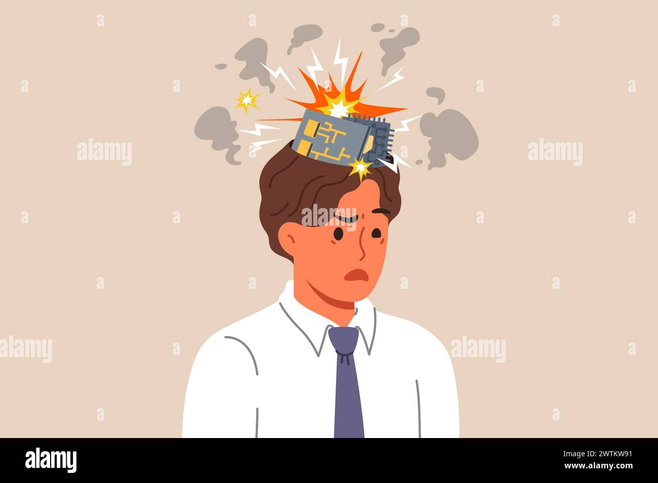Man Robot With Exploding Computer Boards In Head Due To Overload With Work Tasks Stock Vector