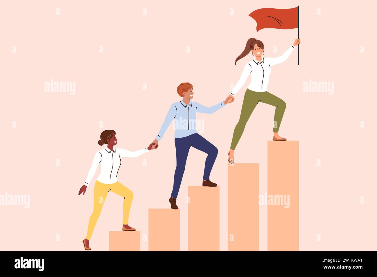 Teamwork company employees climbing up on schedule to hoist flag to top ...