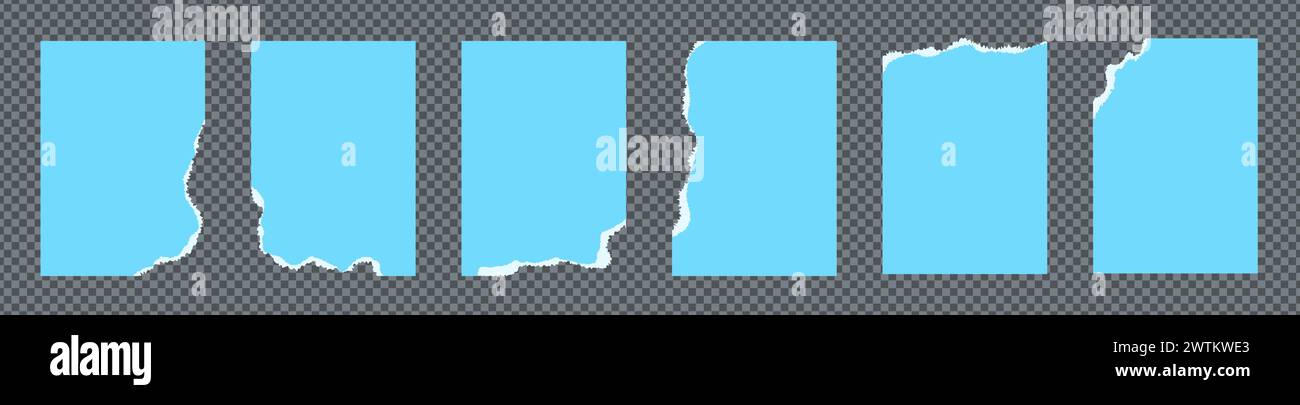 Set of torn paper pieces. Blue grunge jagged vertical rectangle frames ...