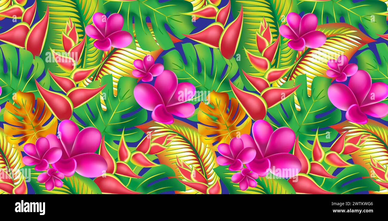 Palm monstera leaves with hibiscus and pink plumeria flowers abstract ...