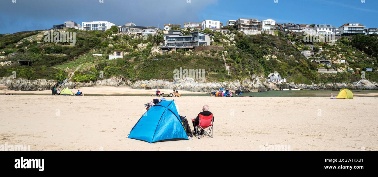 A panoramic image of Crantock Beach in Newquay in Cornwall in the UK ...