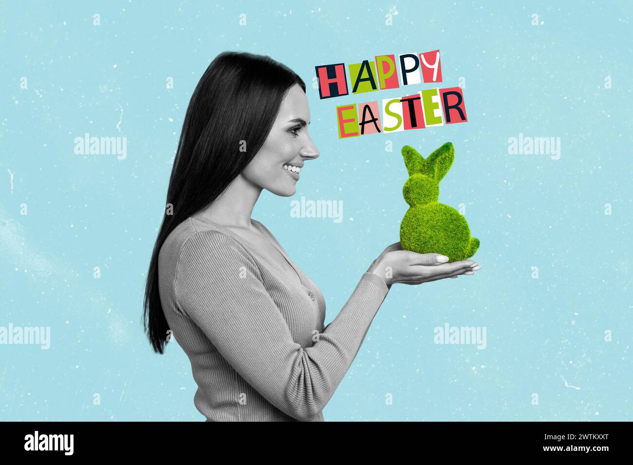 Collage 3d image of pinup pop retro sketch of stunning girl hands holf ...