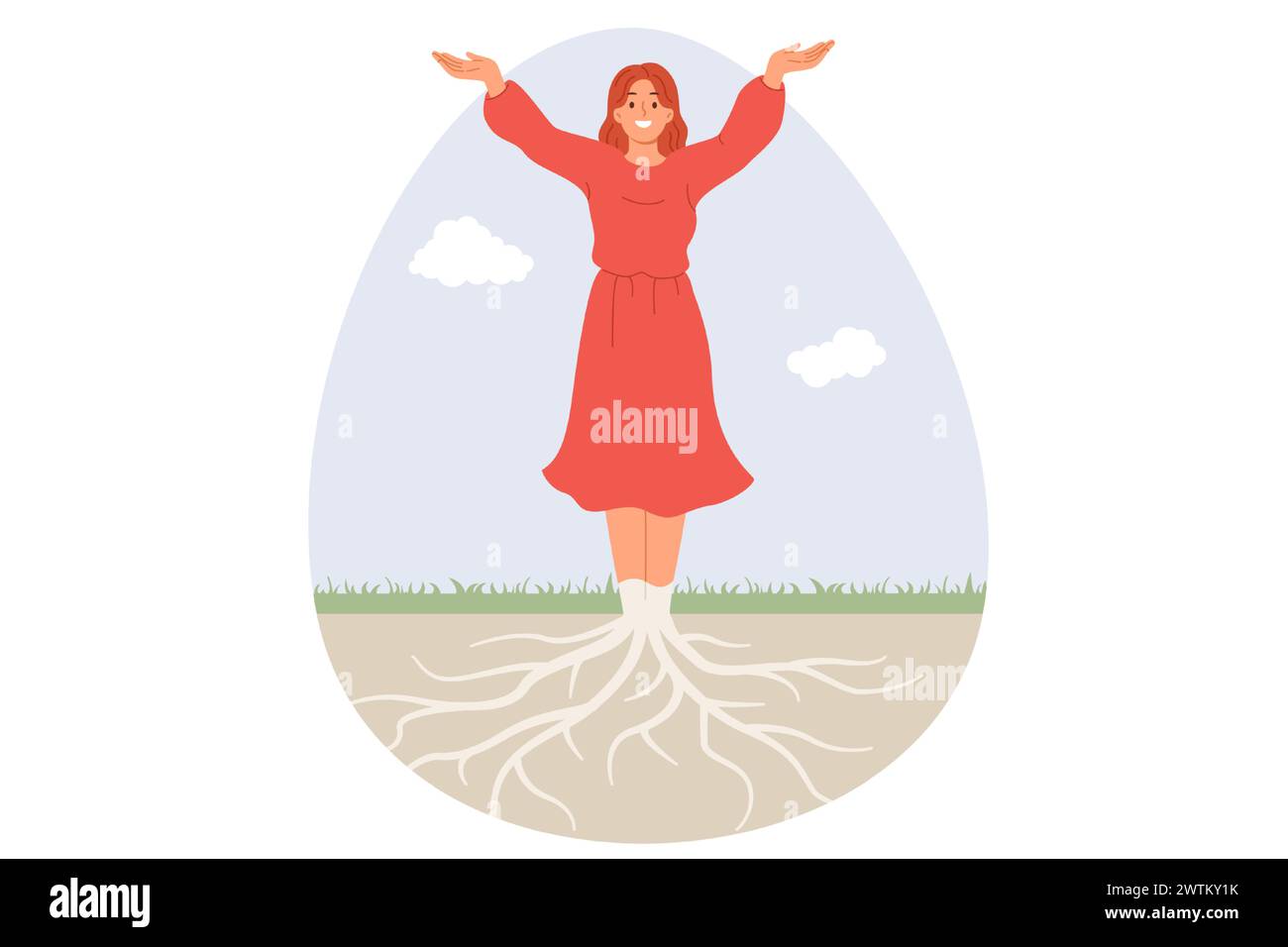 Unity of humanity and nature, with happy woman connected with roots ...