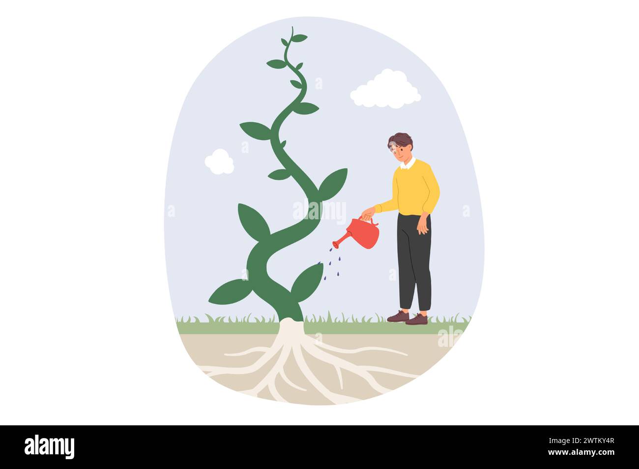 Man waters fantastic tree, enjoying rapid growth of plant thanks to ...