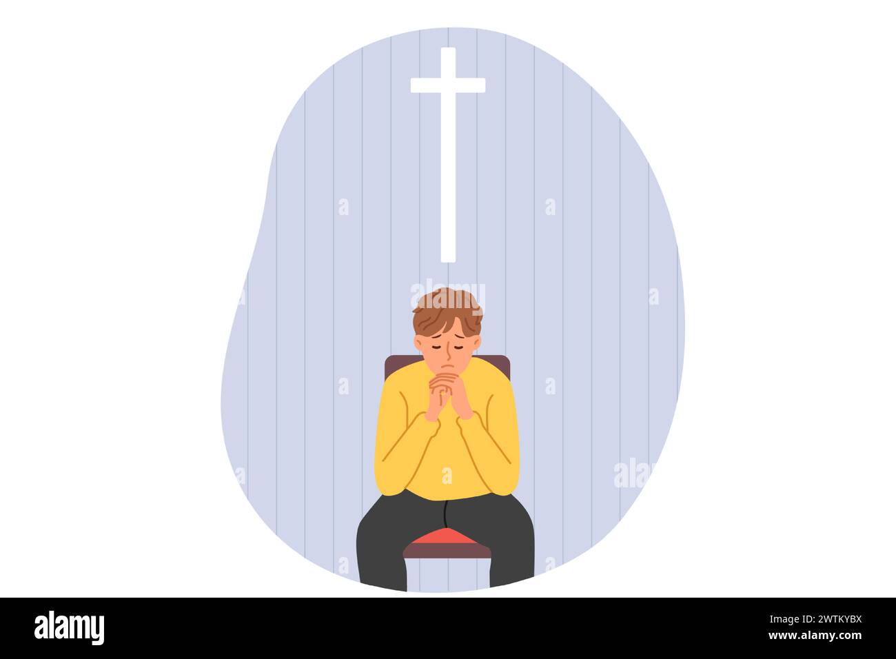 Praying teenage boy cries, sitting in church under catholic cross and ...