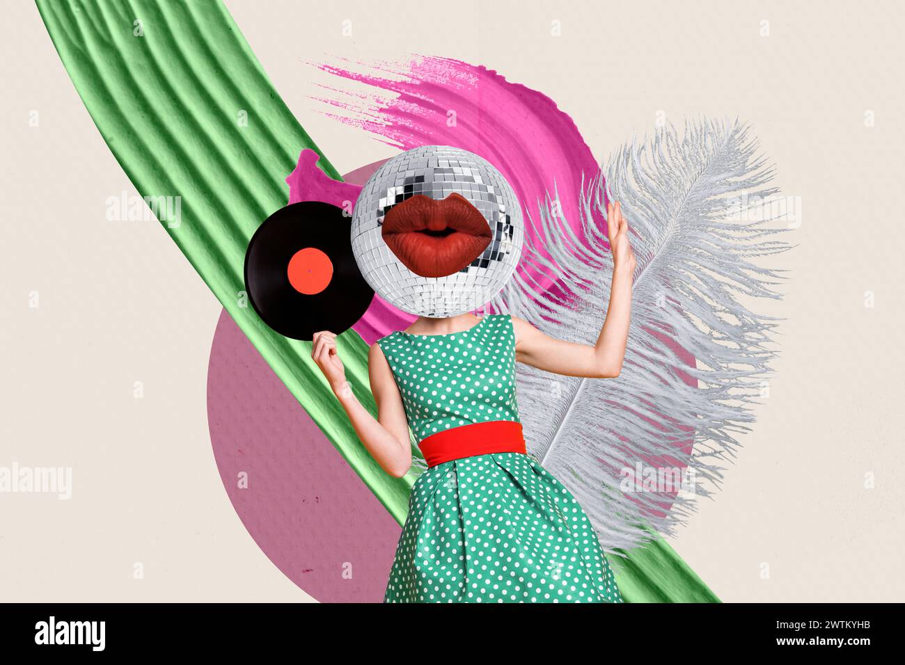 Collage artwork graphics picture of funky lady disco ball instead head ...
