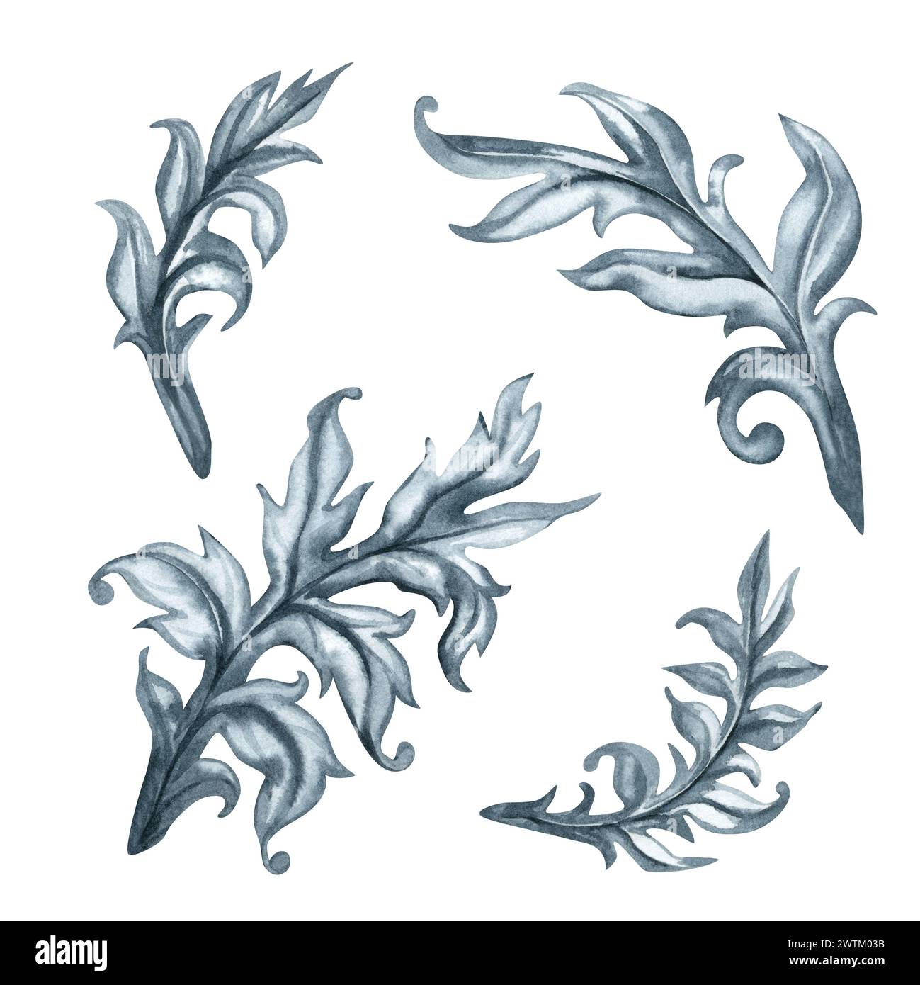 Watercolor abstract gray monochrome plant pattern and drawing of branch ...