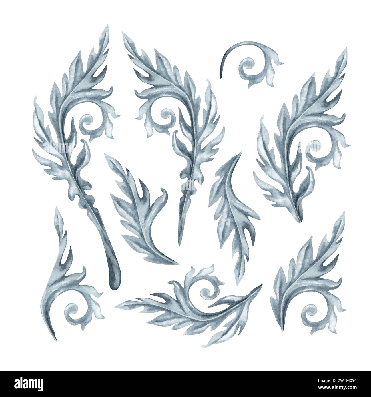 Watercolor abstract gray monochrome plant pattern and drawing of branch ...