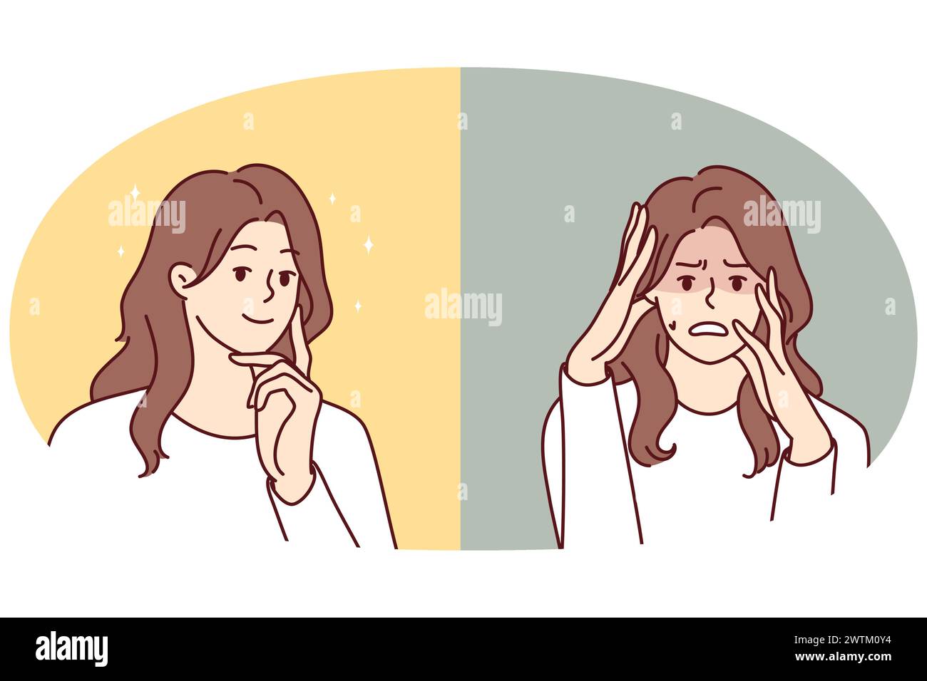 Discouraged long-haired woman with frightened face clutches head after ...