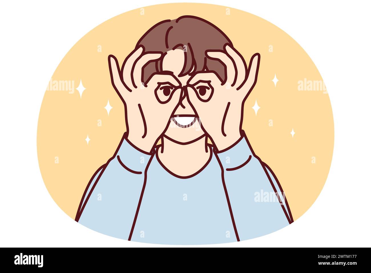 Young woman puts hands to face imitating invisible binoculars to look ...