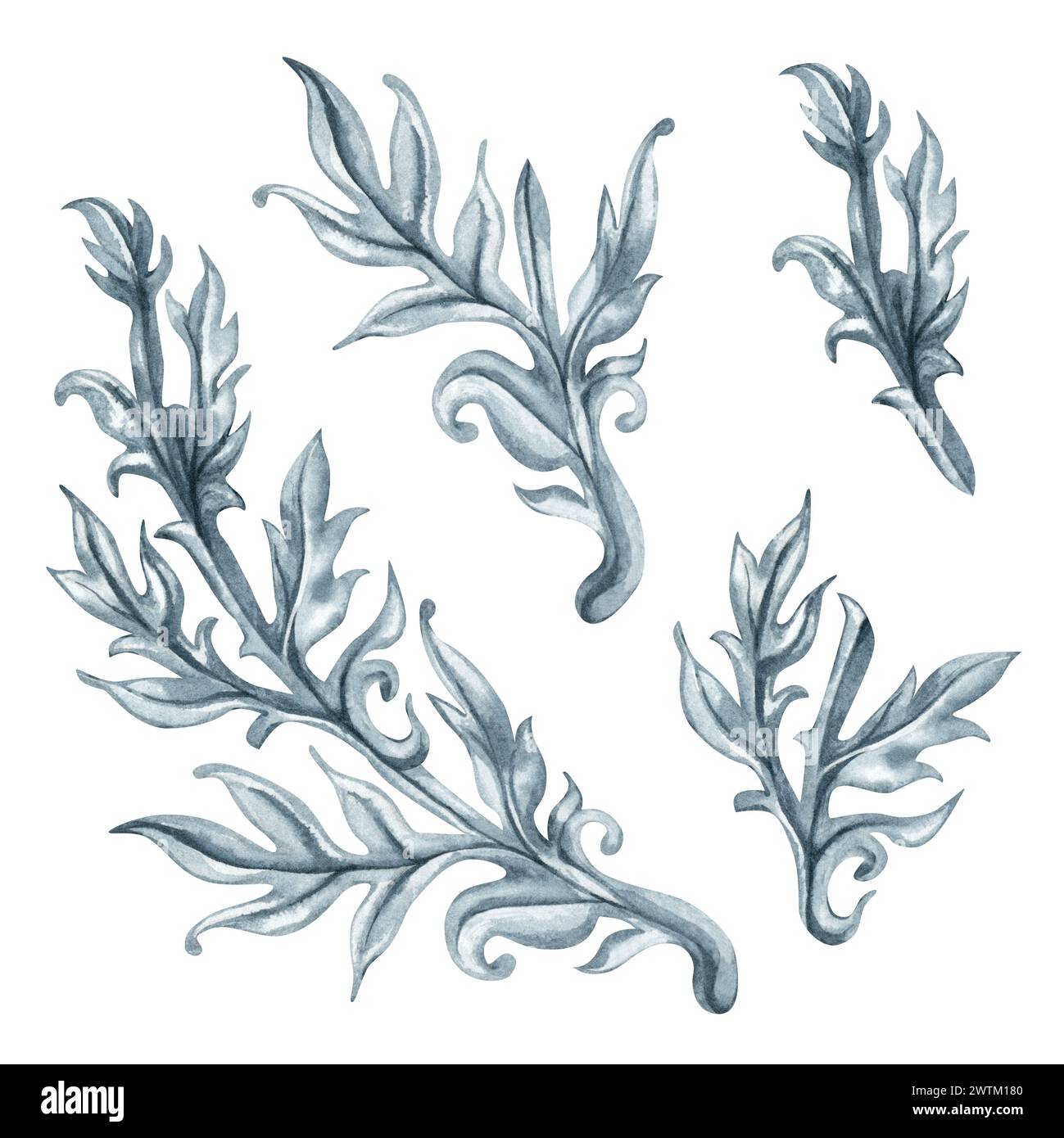 Watercolor abstract gray monochrome plant pattern and drawing of branch ...