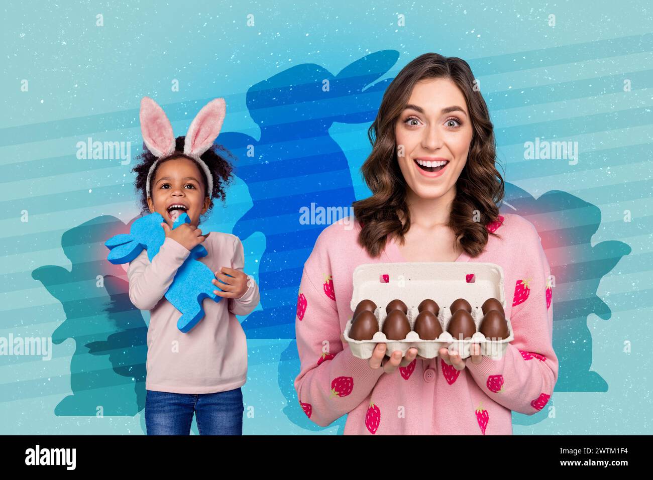 Composite collage image of little girl amazed woman hold dozen chocolate eggs easter concept ...