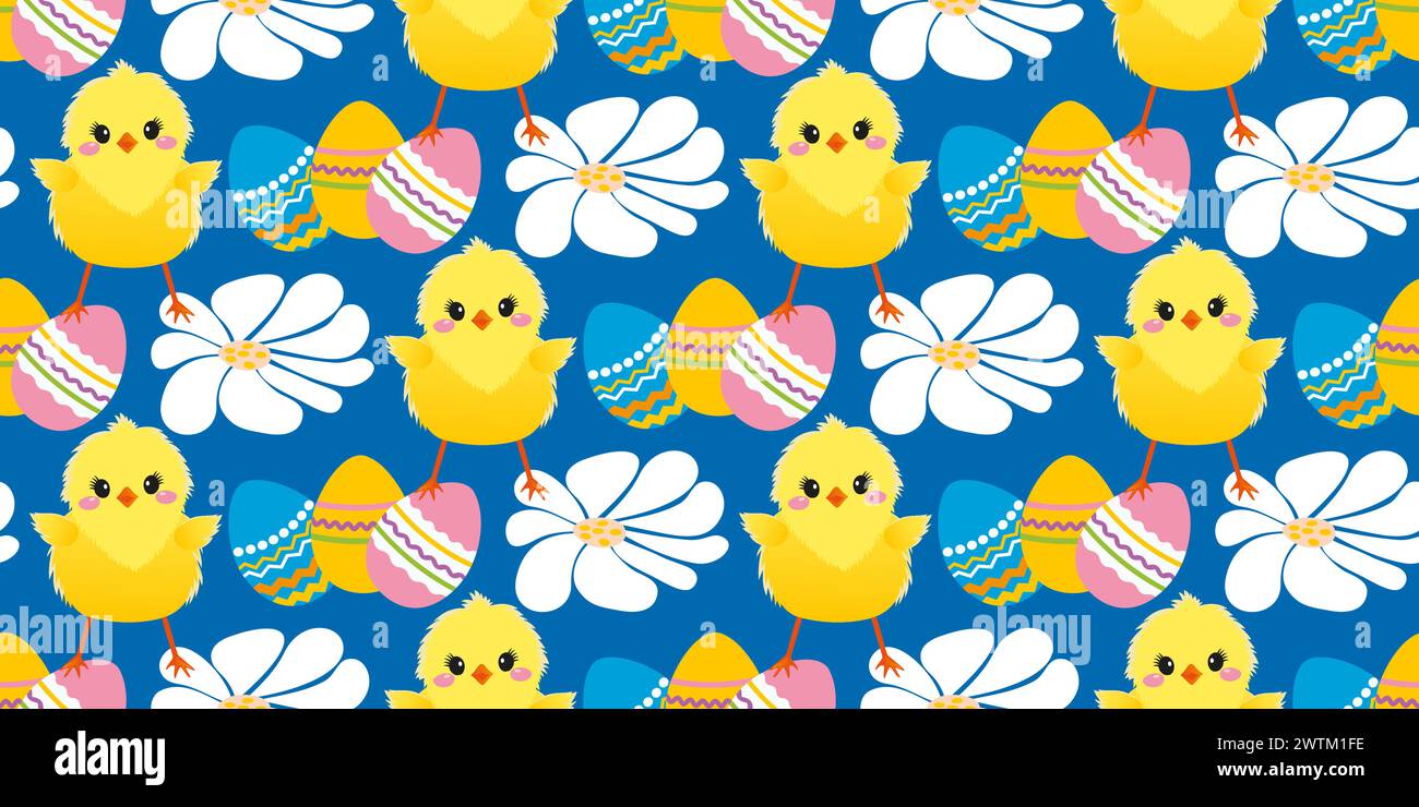 Cute spring pattern with Easter eggs, flowers, chickens. The cheerful ...