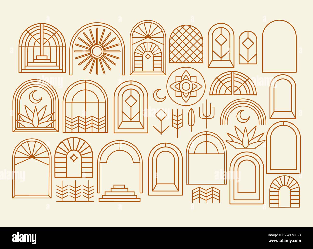 Bohemian linear icons, symbol, frame, arches. Set of boho contour icon ...