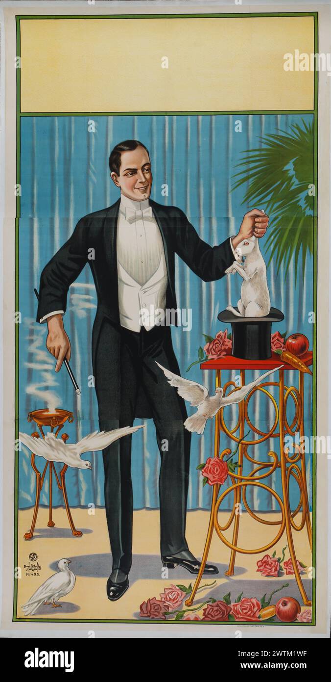 Magic poster - Magician pulling a rabbit out of a hat Stock Photo - Alamy