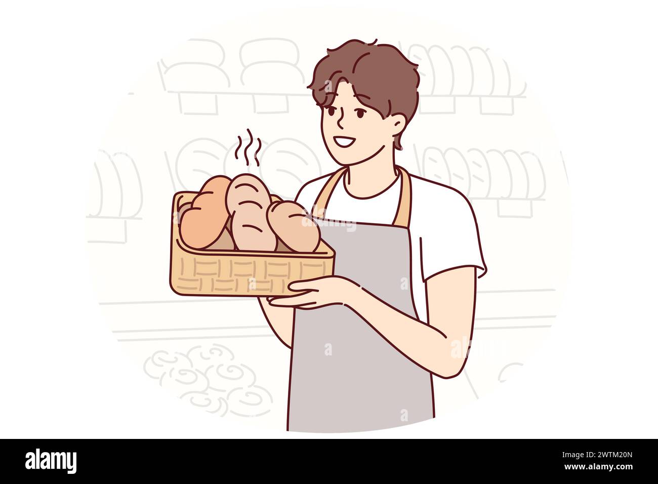 Man baker holds tray of hot bread prepared for customers of family ...
