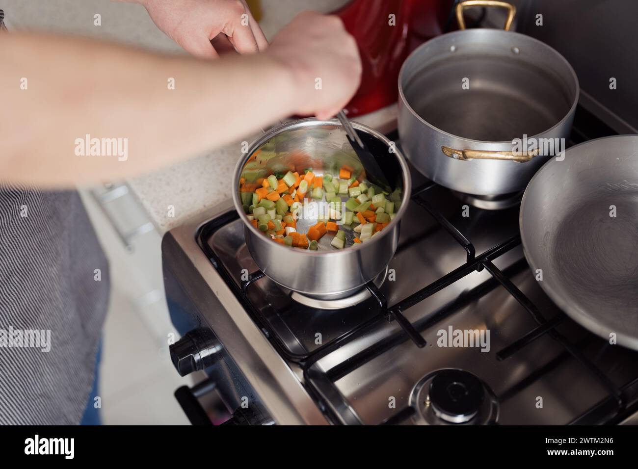 Preparing fresh vegetables for cooking on a gas stove Stock Photo - Alamy