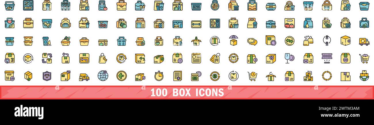 100 box icons set. Color line set of box vector icons thin line color ...