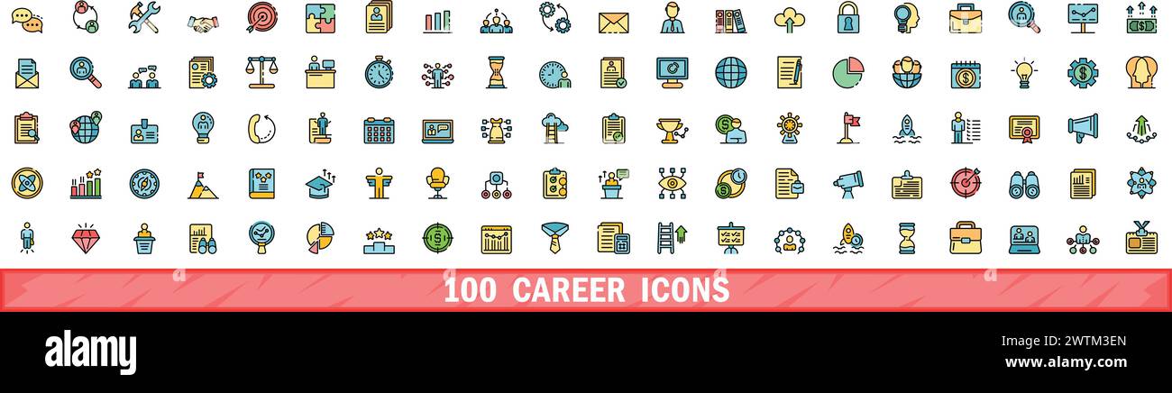 100 career icons set. Color line set of career vector icons thin line ...