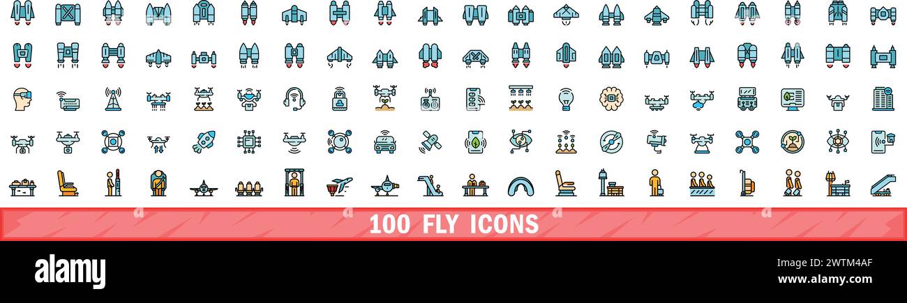 100 fly icons set. Color line set of fly vector icons thin line color ...