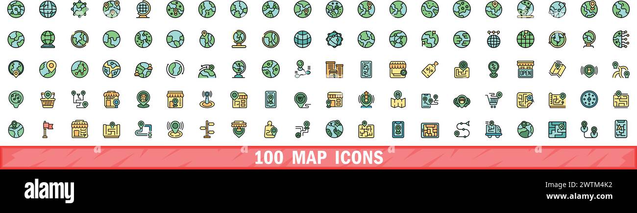 100 map icons set. Color line set of map vector icons thin line color ...